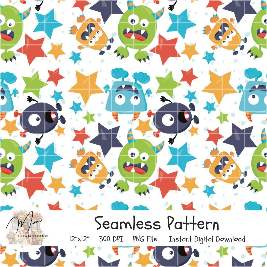 Monster Stars Seamless Pattern | 12x12 PNG Digital Paper | Monsters ...