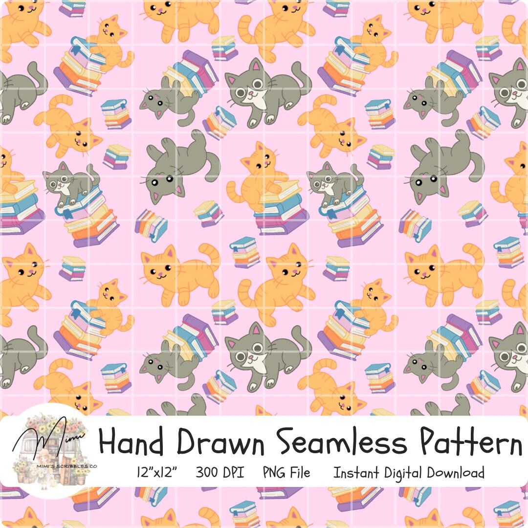 Adorable Kittens and Books Hand-drawn Seamless Pattern | 12x12 PNG ...
