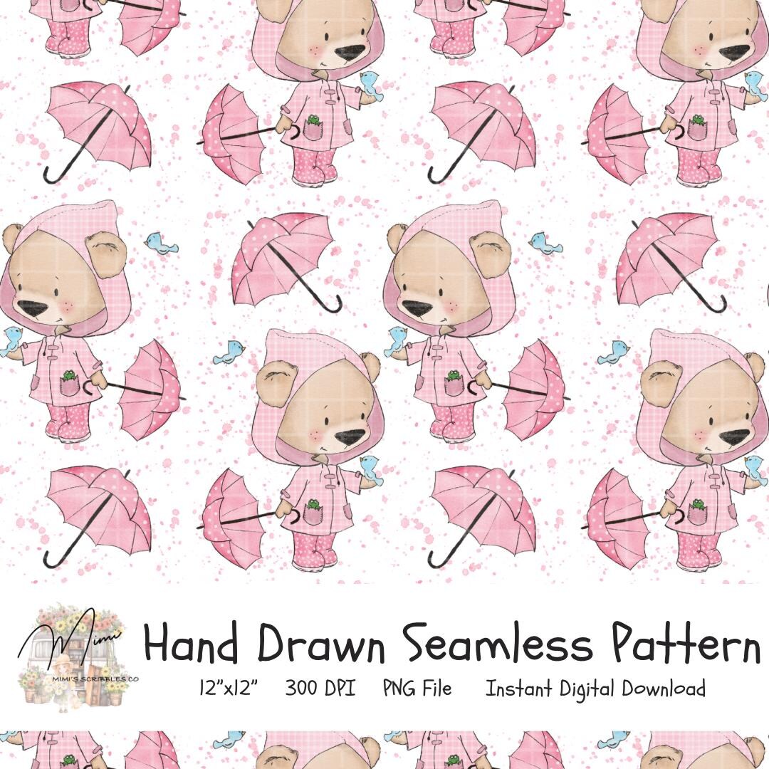 Cute Teddy Bear Rainy Day Seamless Pattern Watercolor Design Digital ...