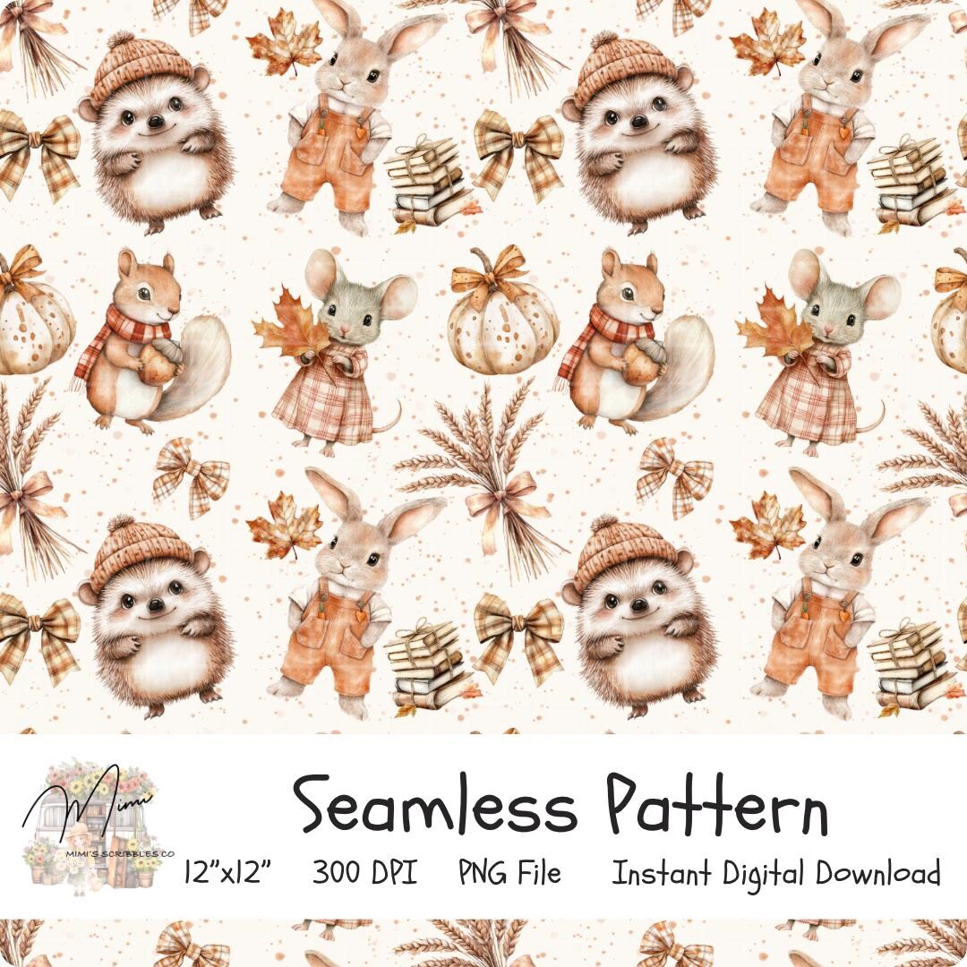 Cozy Fall Animals Seamless Pattern, Autumn Woodland Design, Hedgehog ...