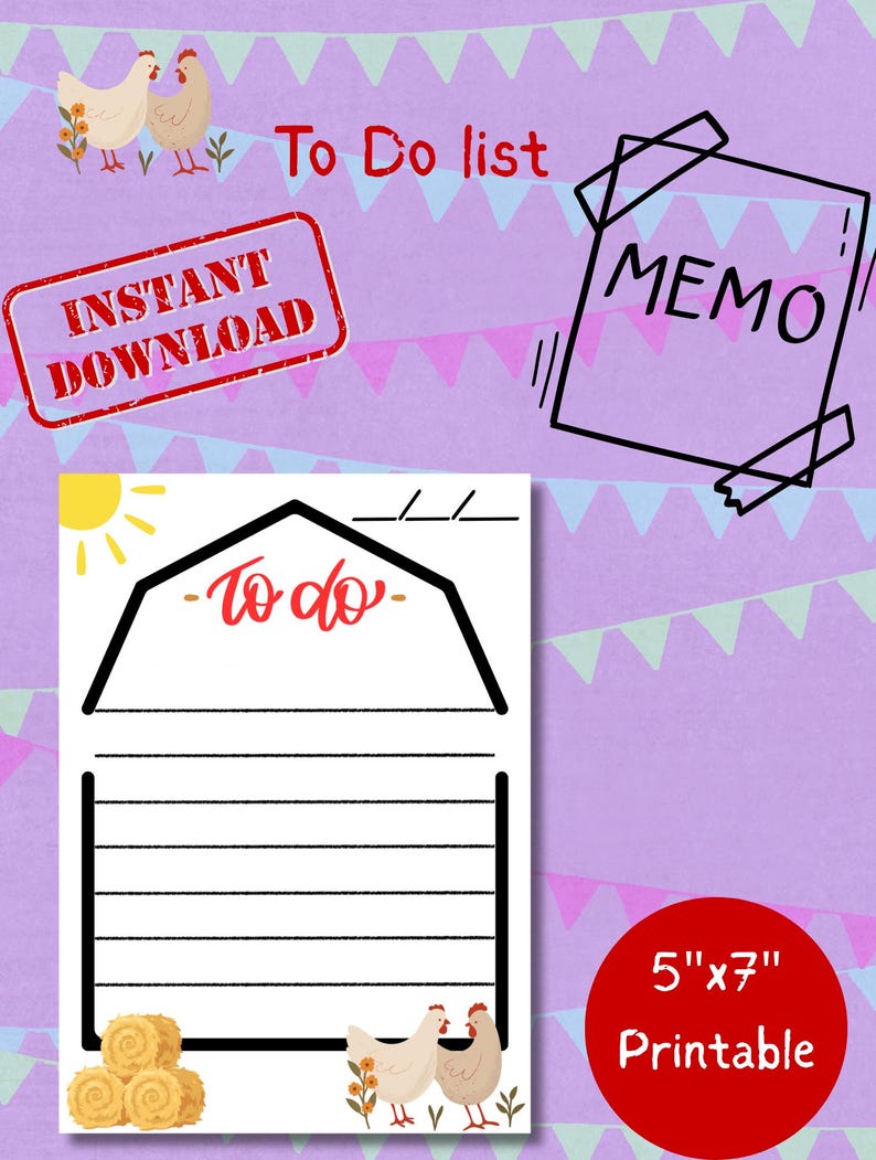 Farmhouse To-do List Printable | Barn & Chicken Memo Pad (5x7 Inches ...