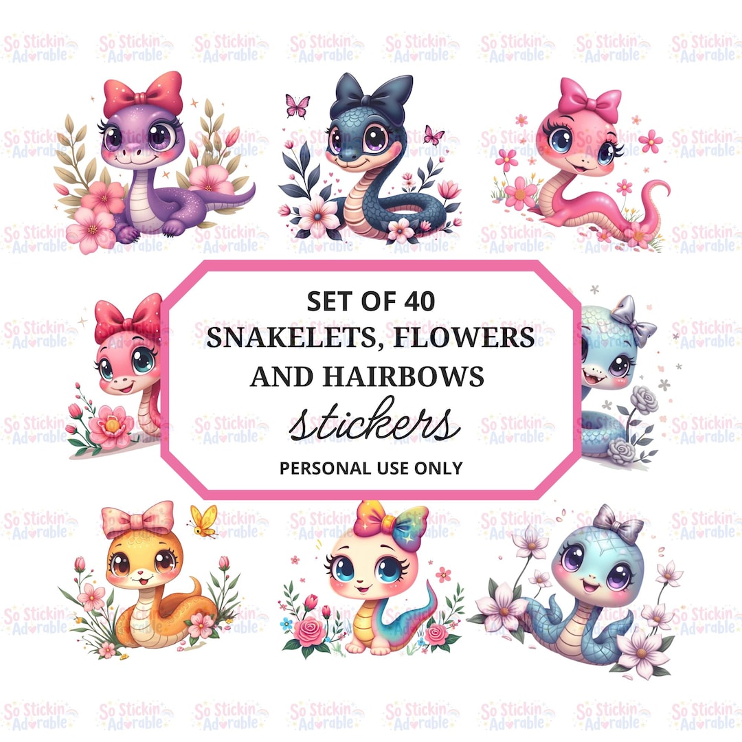 40 Cute Snake Stickers With Flowers & Hairbows, Kawaii Baby Snakelets ...
