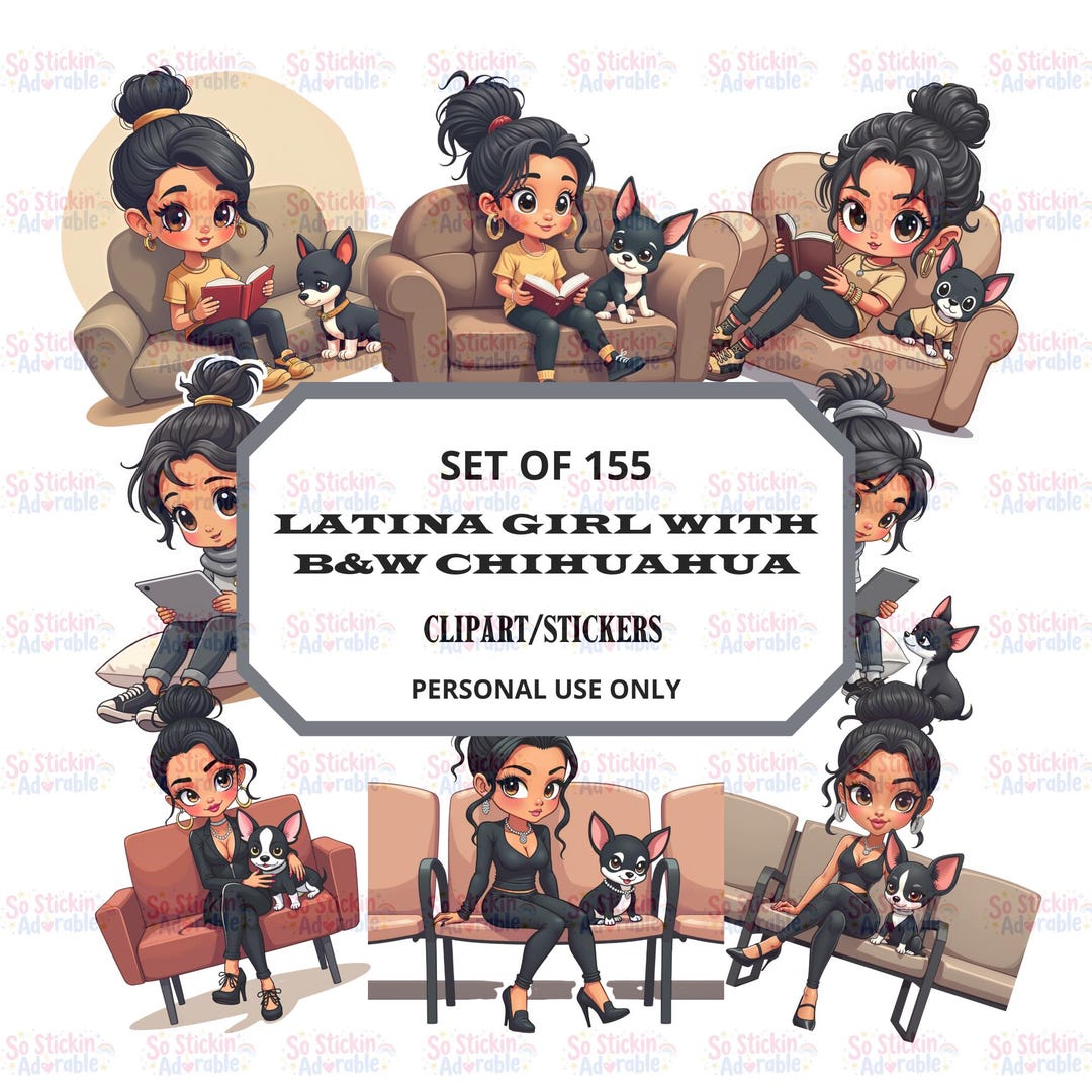 155 Latina Girl and Black and White Chihuahua Stickers Bundle, Chibi ...