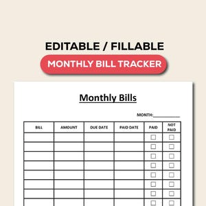 Editable Monthly Bill Tracker Printable: Budget Planner (A4, Fillable ...