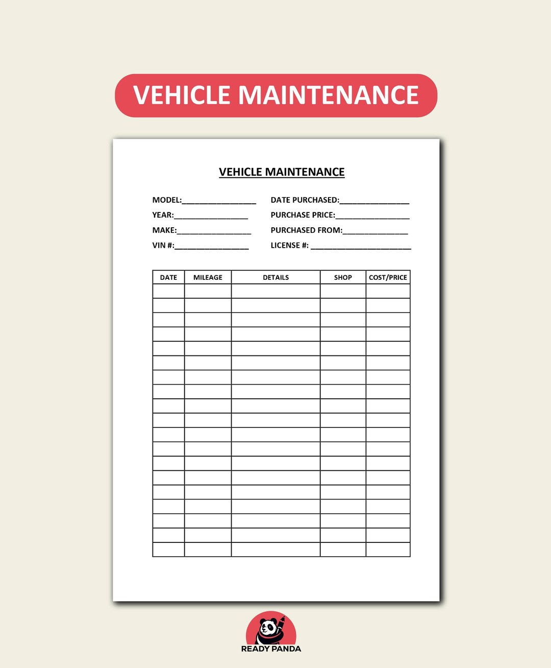 Vehicle Maintenance Log Book: A4 Vehicle Service Tracker (instant ...