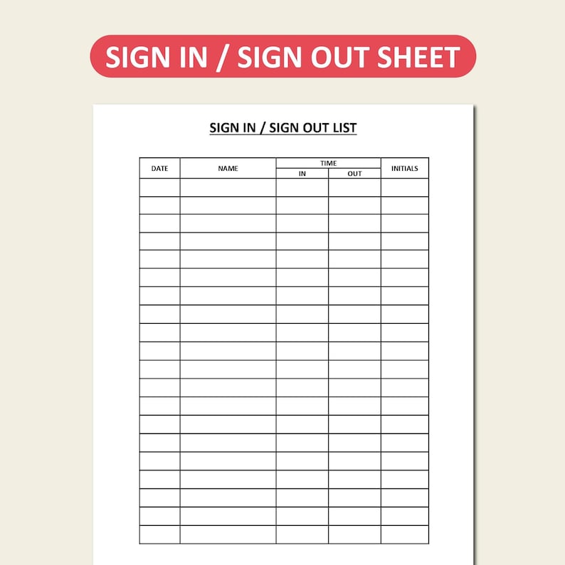 Sign In/sign Out Sheet | A4 Printable Template (digital Download) - Etsy