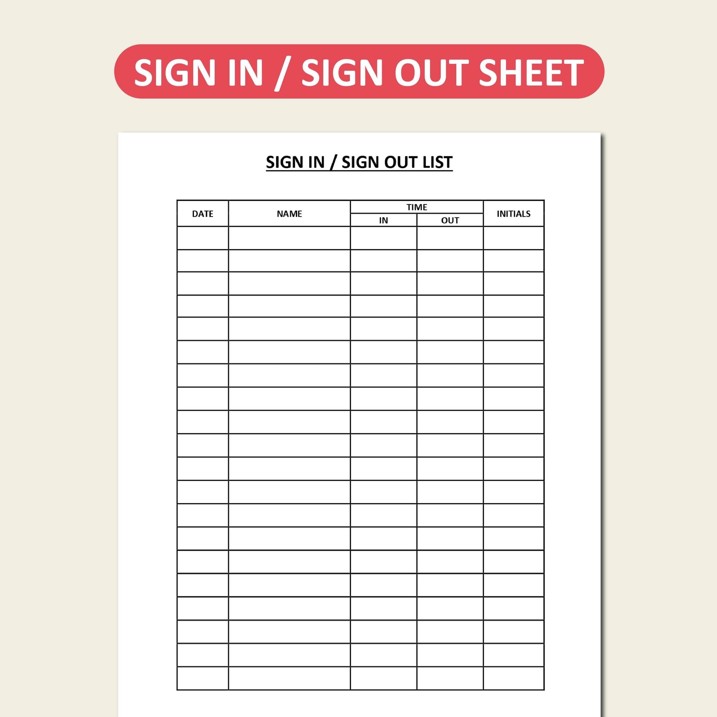 Sign In/sign Out Sheet | A4 Printable Template (digital Download) - Etsy