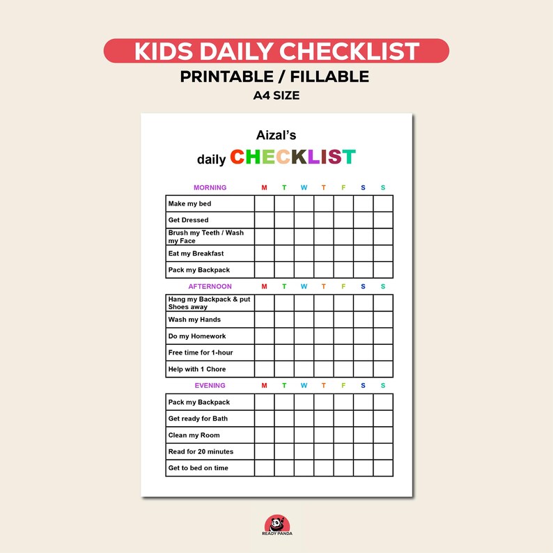 Kids Daily Routine Checklist Printable | Editable Responsibility Chart ...