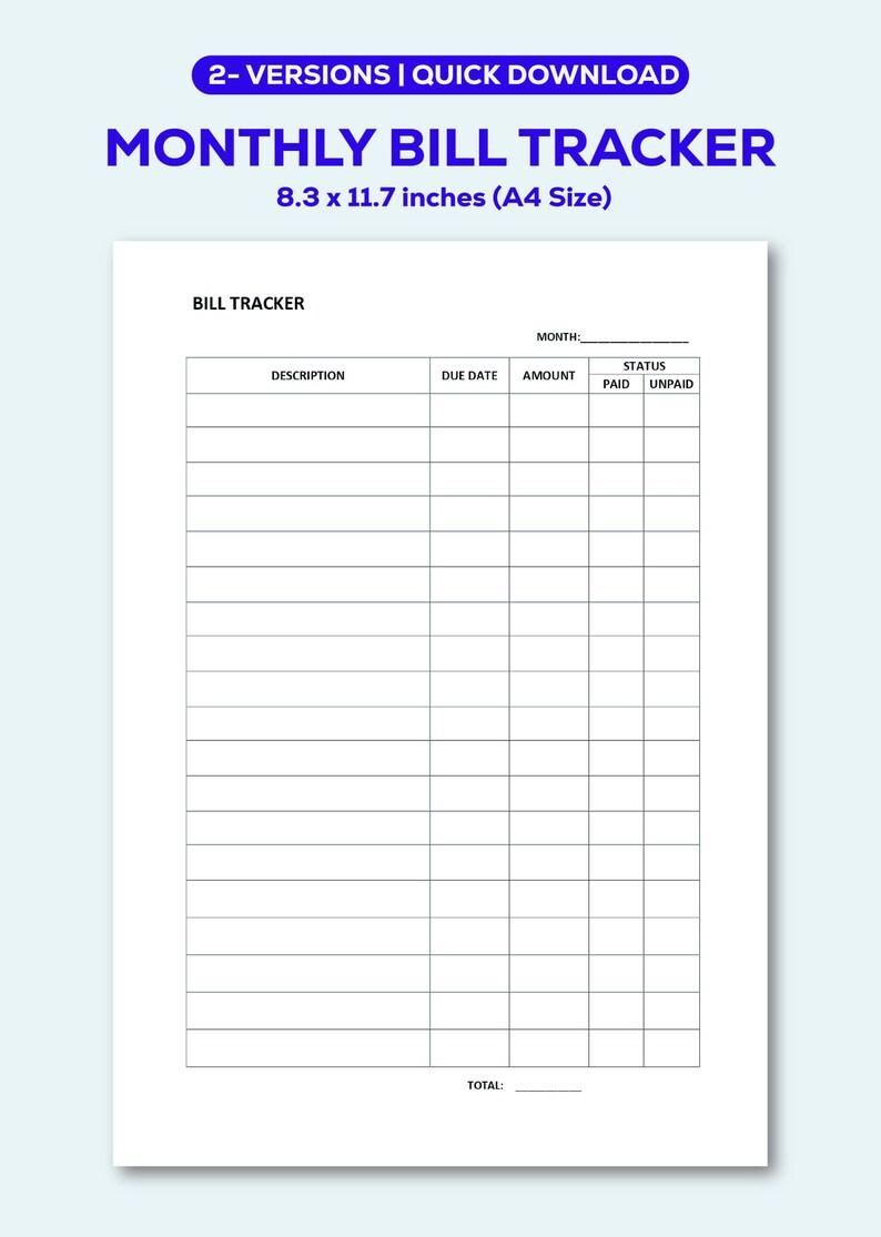 Monthly Bill Tracker Printable, Bill Payment Checklist, Bill Organizer ...