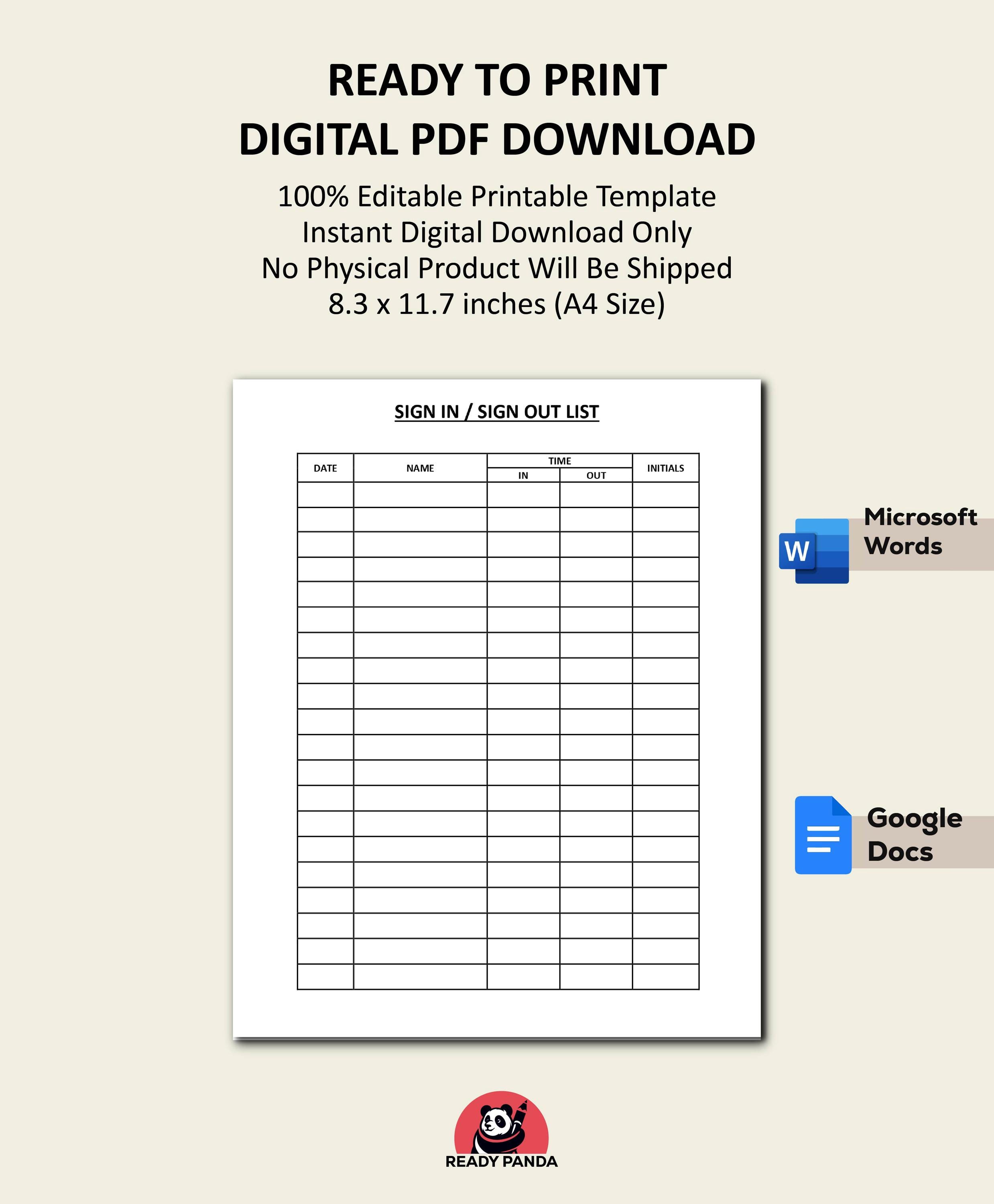 Sign In/sign Out Sheet | A4 Printable Template (digital Download) - Etsy