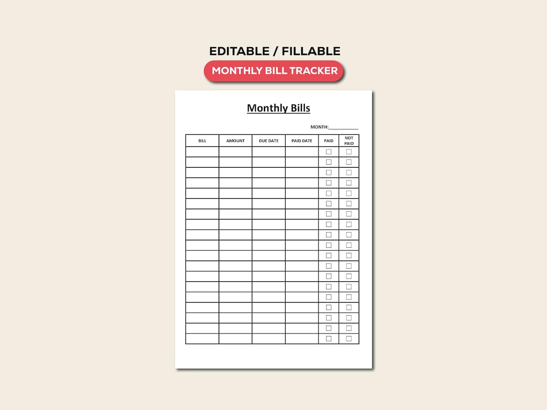 Editable Monthly Bill Tracker Printable: Budget Planner (A4, Fillable ...