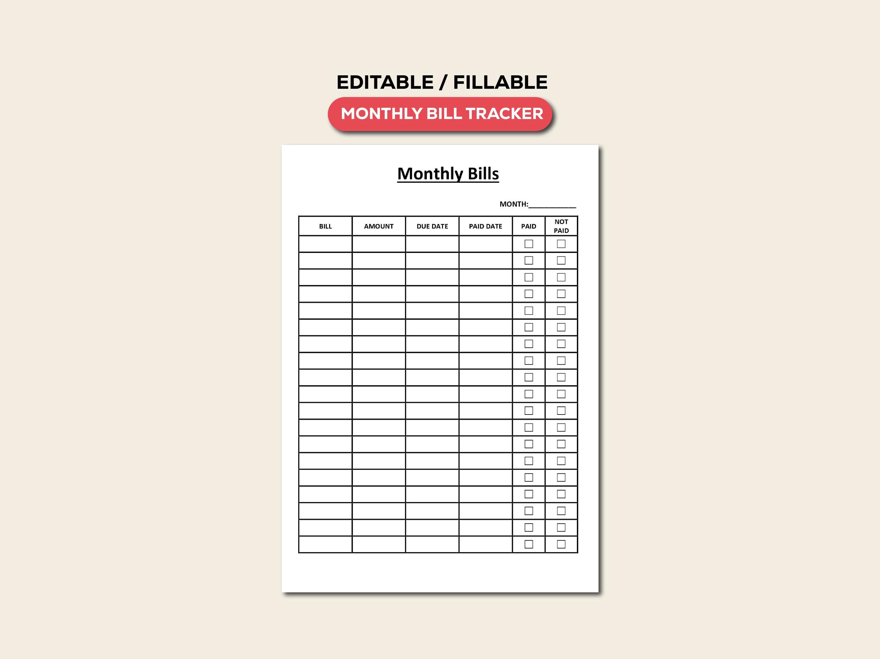 Editable Monthly Bill Tracker Printable: Budget Planner (A4, Fillable ...