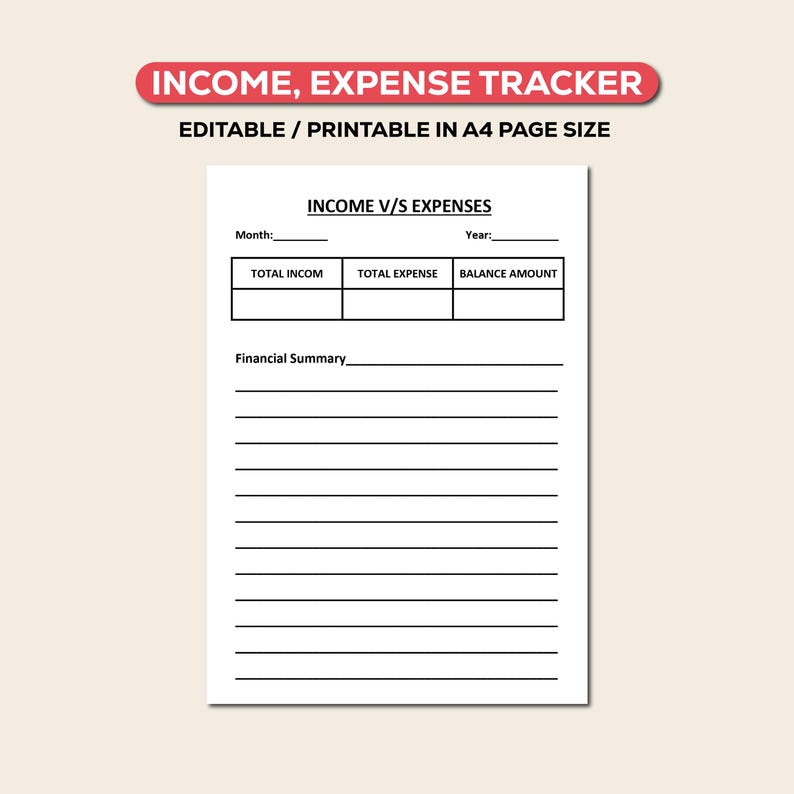 Income Expense Tracker: Printable Finance Log (A4 Digital Download) - Etsy