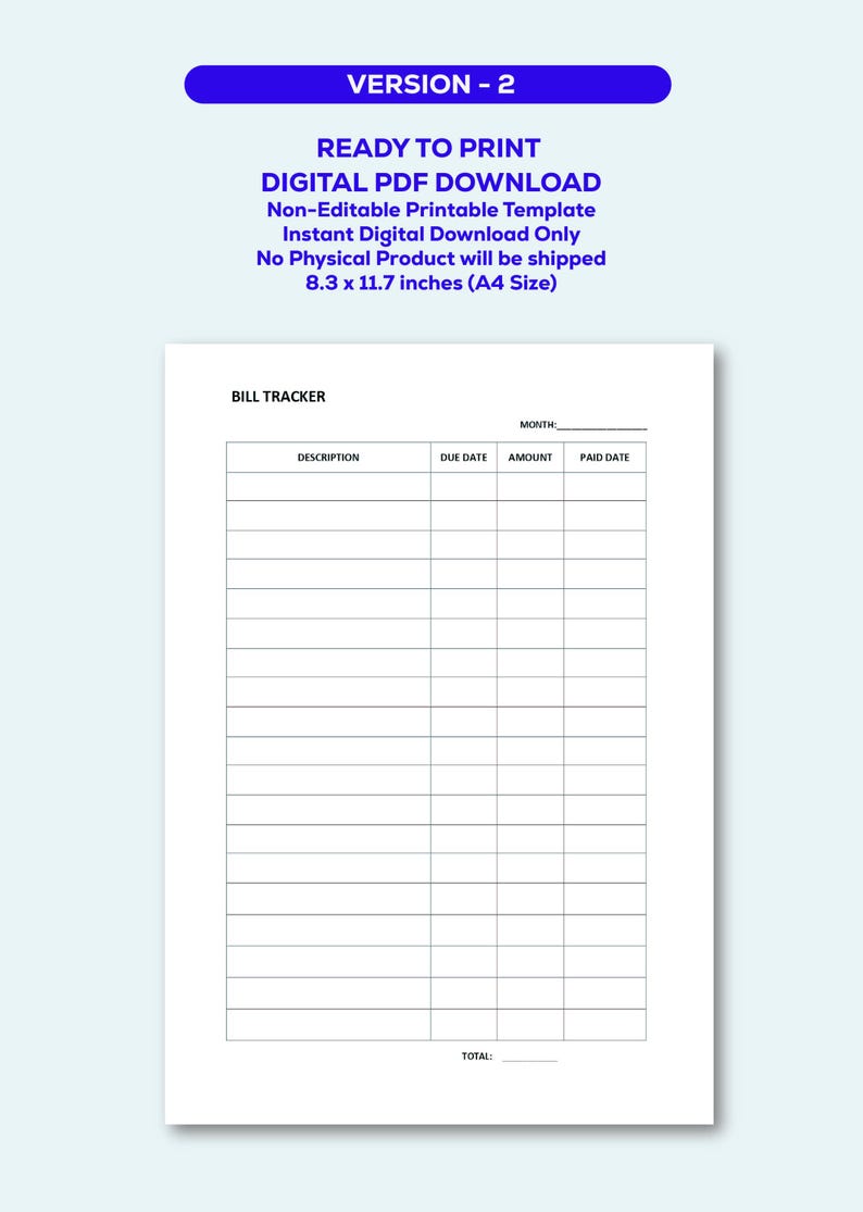 Monthly Bill Tracker Printable, Bill Payment Checklist, Bill Organizer ...