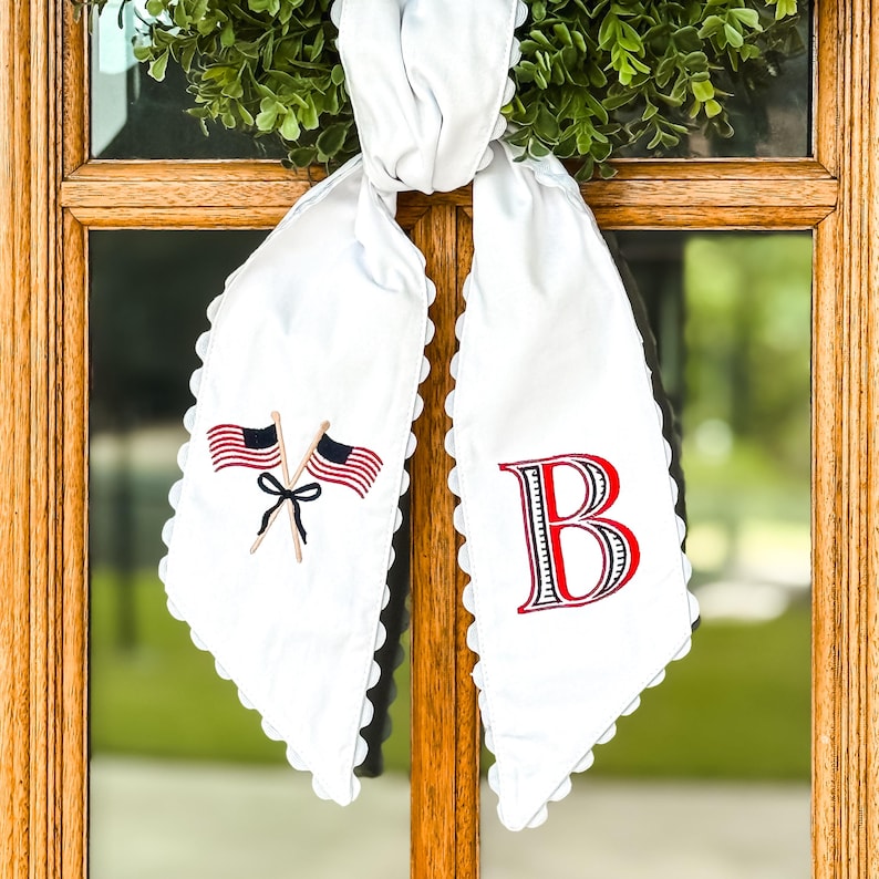 Embroidered Patriotic Flag Wreath Sash, White, Blue Gingham ...