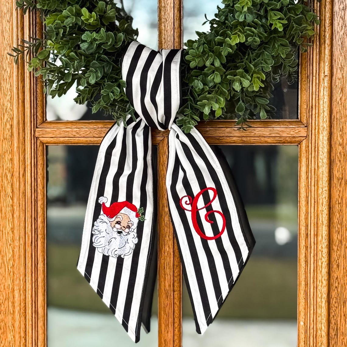 Personalized Santa Clause Wreath Sash, Black & White Stripe, Green or ...