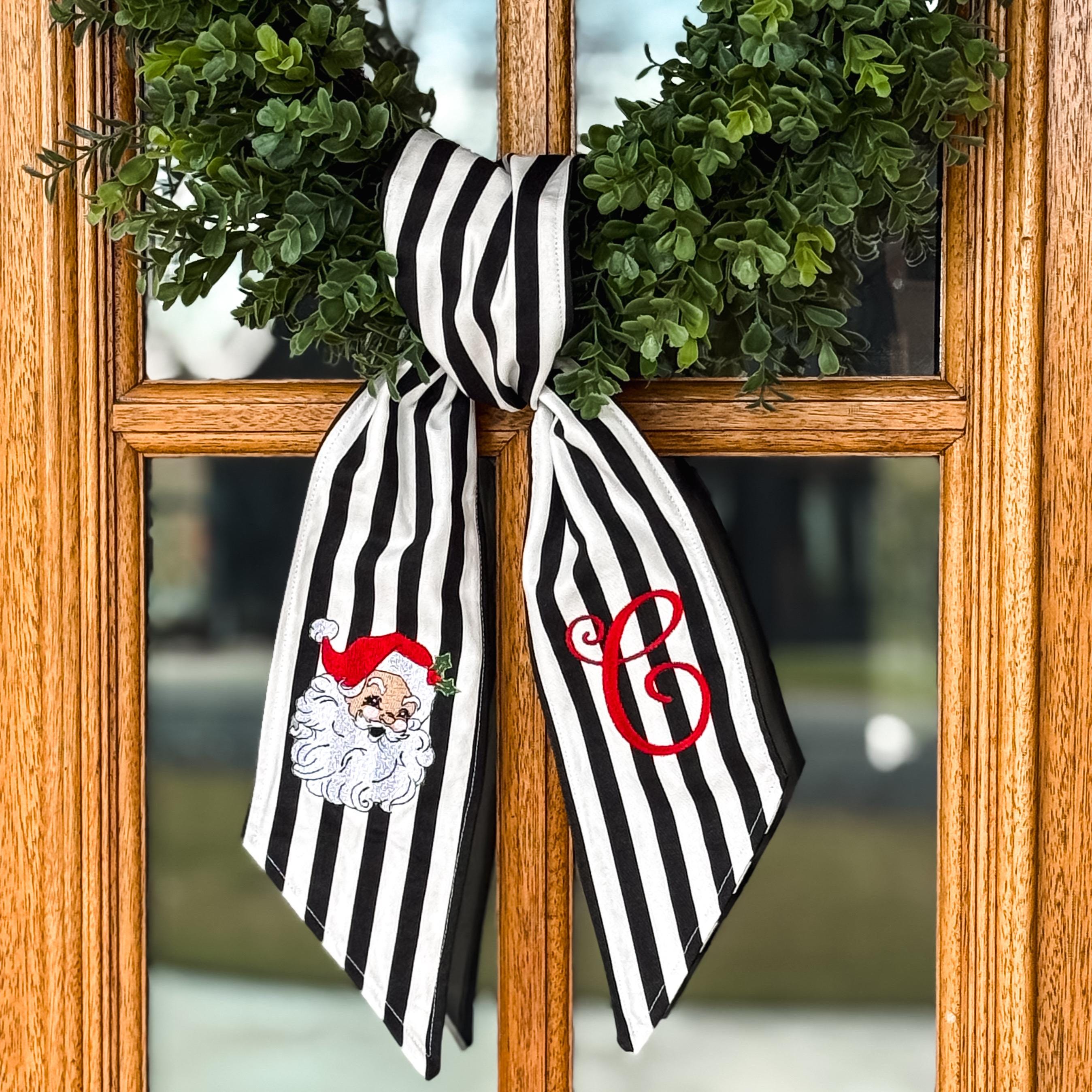 Personalized Santa Clause Wreath Sash, Black & White Stripe, Green or ...