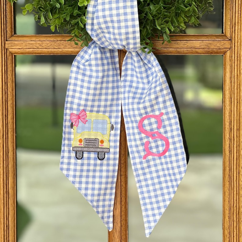 Embroidered Back to School Wreath Sash, Coquette Blue Gingham, Pink ...