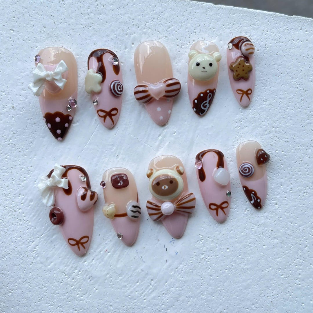 Cute Dessert Press on Nails 3D Sweets and Bear Designs With Bow Fake ...
