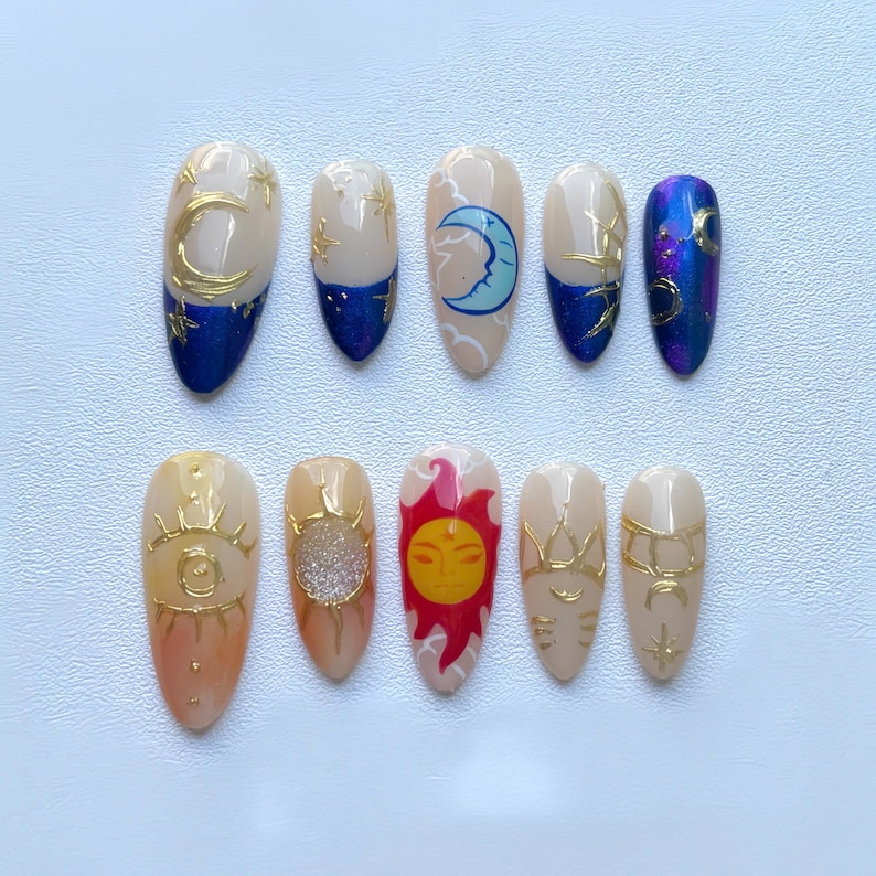 Celestial Sun and Moon Press on Nails Gold Star, Cosmic Eye Design Nail ...