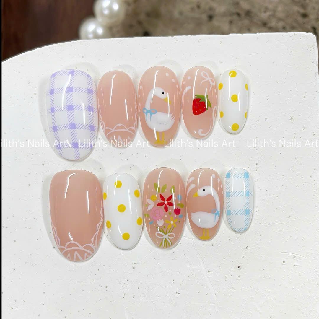 Cute Goose Press on Nails | Cottagecore Farm Nail Art | Spring Floral ...