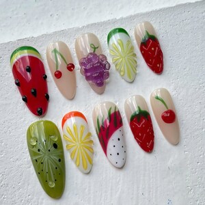 Colorful Fruit Press on Nails Summer Holiday Fake Nails Vibrant Fruit ...
