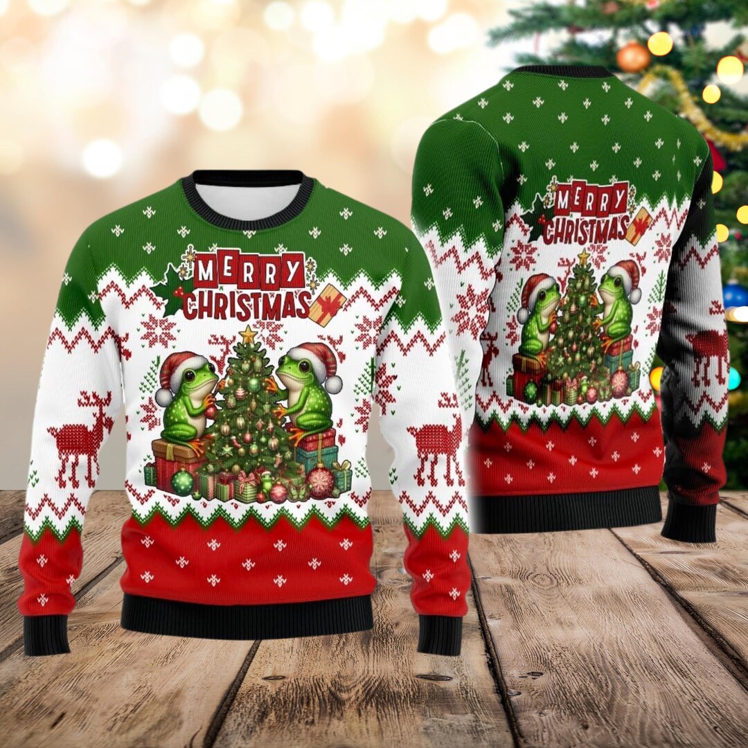 Merry Christmas Frog Ugly Sweater, Cute Frogs With Christmas Tree Ugly ...