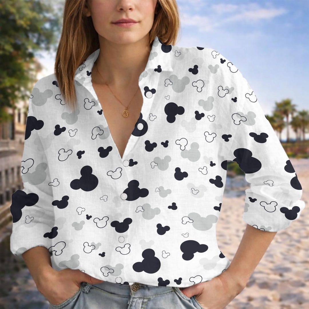 MK Mouse Pattern Linen Shirt, Cartoon Button up Shirt, Casual Women ...