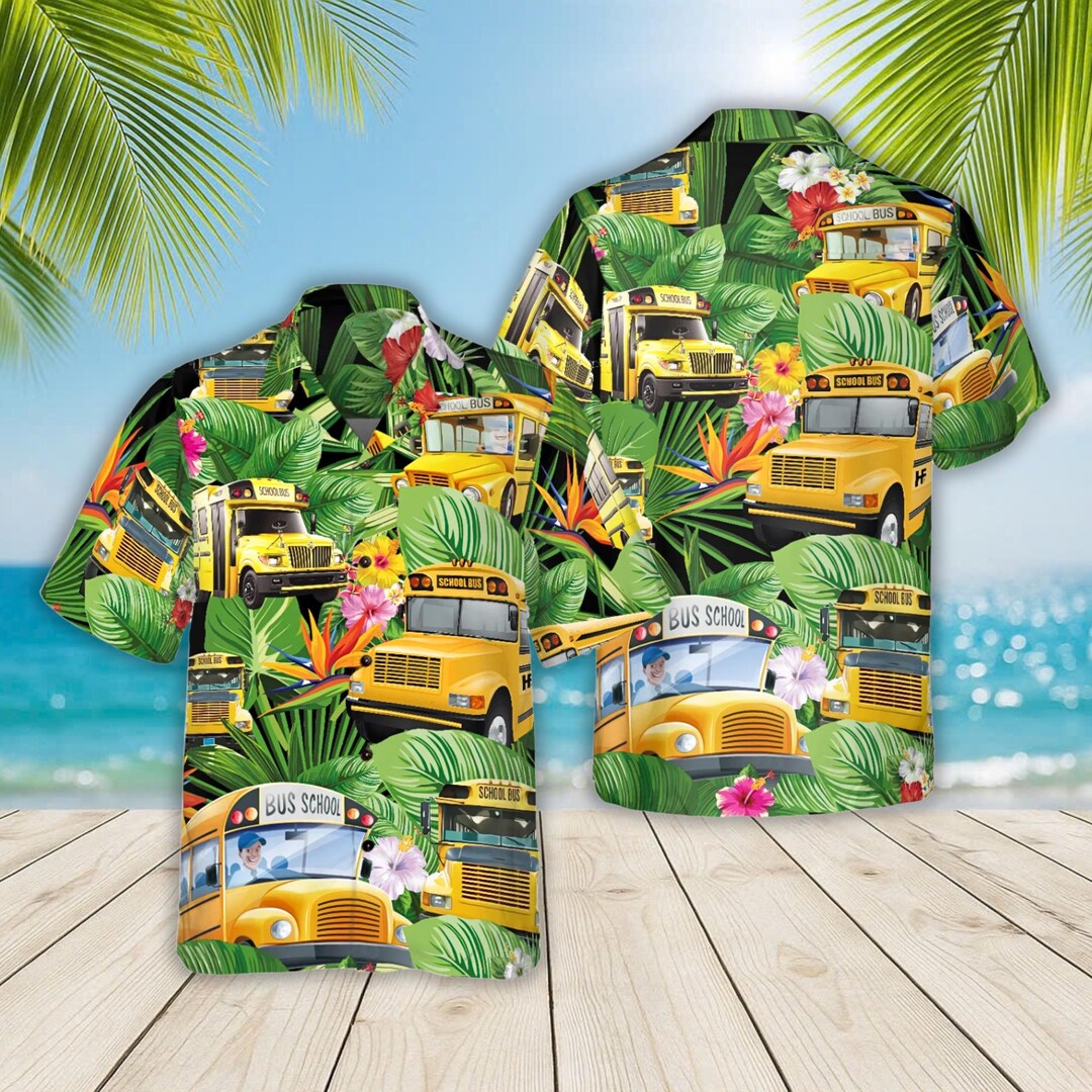 School Buses Hawaiian Shirt, Bus Driver Summer Button Shirt, Tropical ...