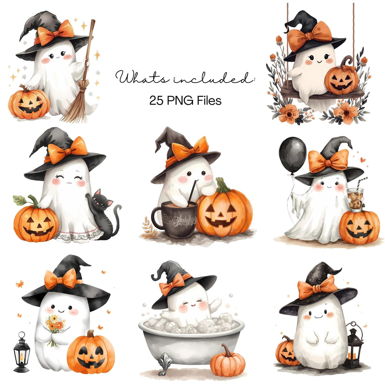 Cute Ghost Halloween Clipart Bundle | Watercolor Ghosts With Pumpkins ...