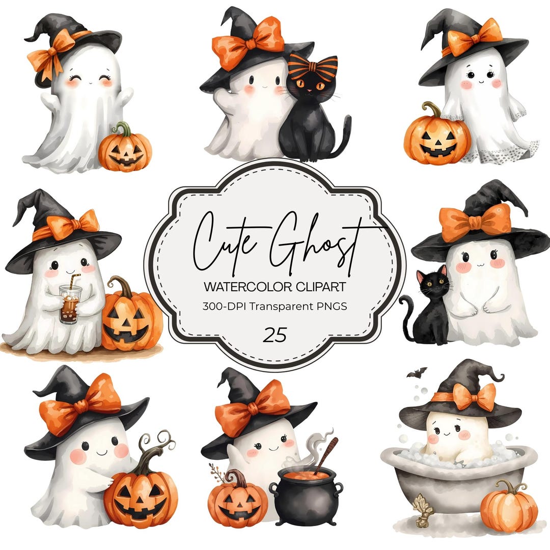 Cute Ghost Halloween Clipart Bundle | Watercolor Ghosts With Pumpkins ...