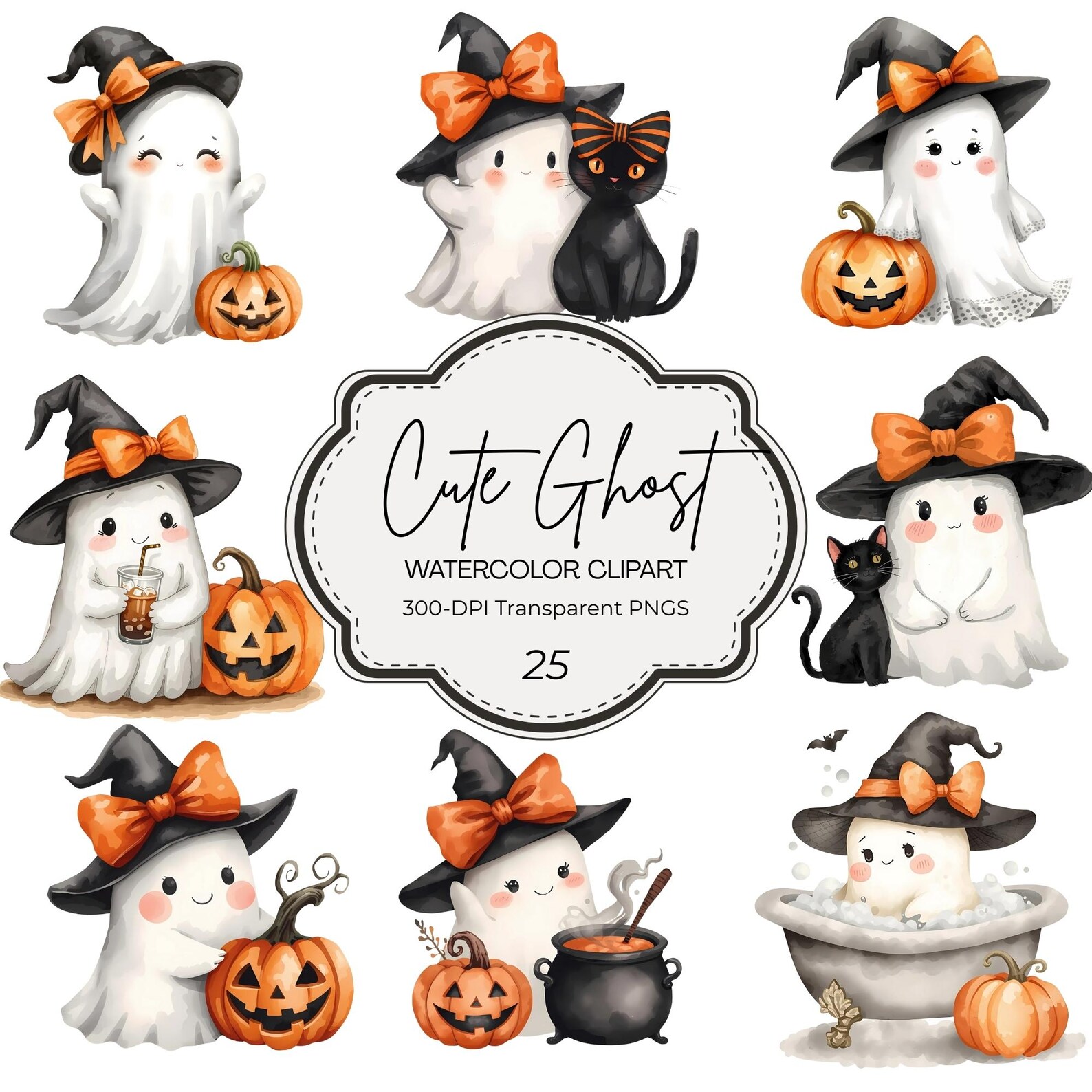 Ghost Watercolor Clipart, Halloween Ghost PNG, Witch, Pumpkin ...