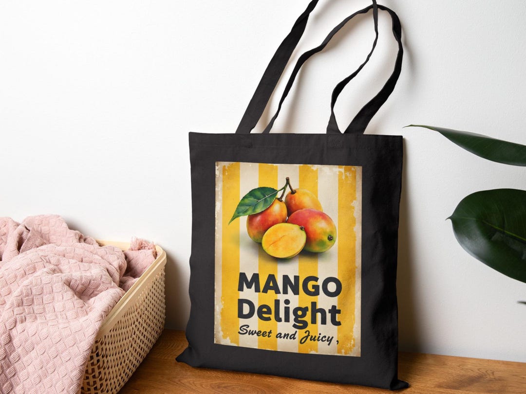Mango Delight Tote Bag, Vintage Fruit Sign, Watercolor Mangoes, Retro ...
