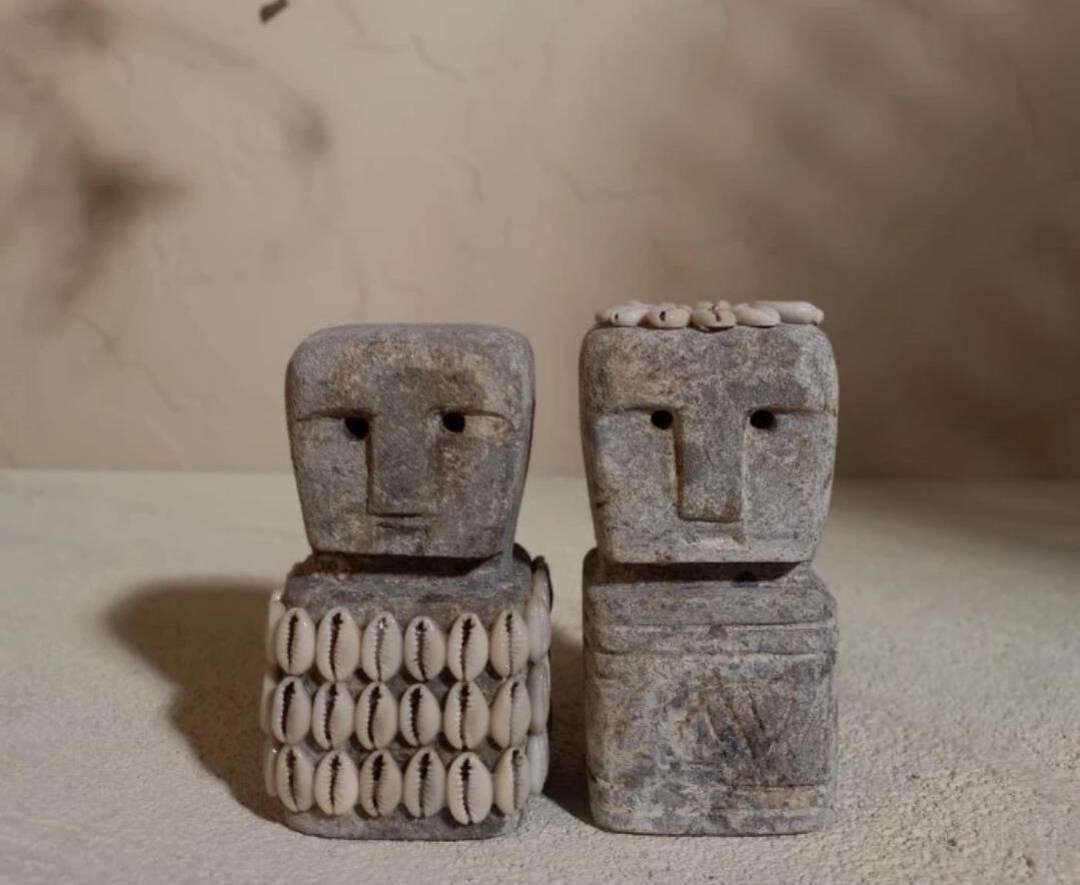 Antique Primitive Stone Statue Decoration Set of 2 Shell Combination - Etsy