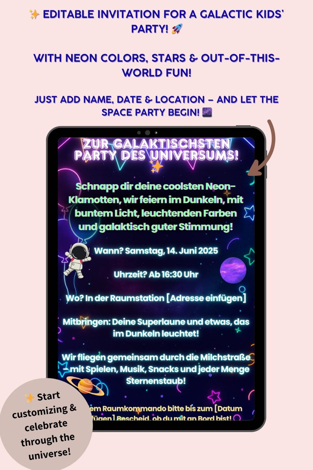Editable Galactic Kids Party Invitation, Glow in the Dark Space ...