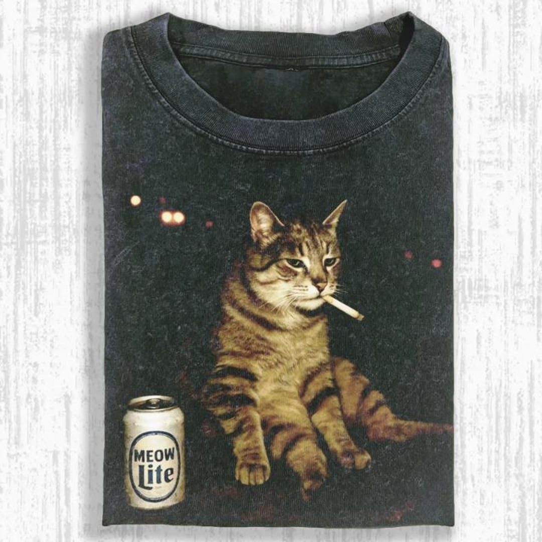 Vintage Wash Beer Cat Meme Shirt, Funny Smoking Cat Tee, Gen Z Humor ...