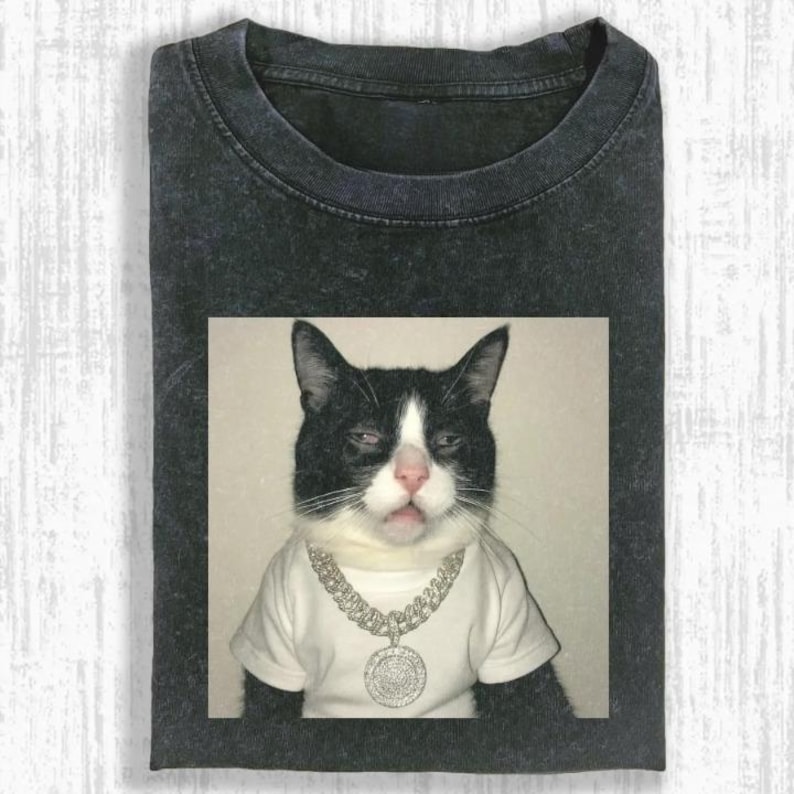 Vintage Wash Cool Rapper Cat Meme Shirt, Hip Hop Cat T-shirt, Funny Gen ...