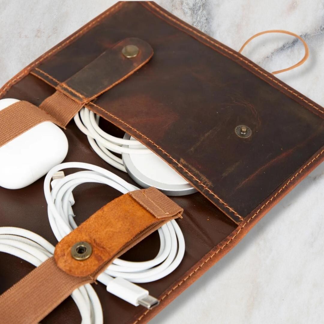 Handmade Leather Tech Organizer: Cable & Charger Travel Pouch - Etsy