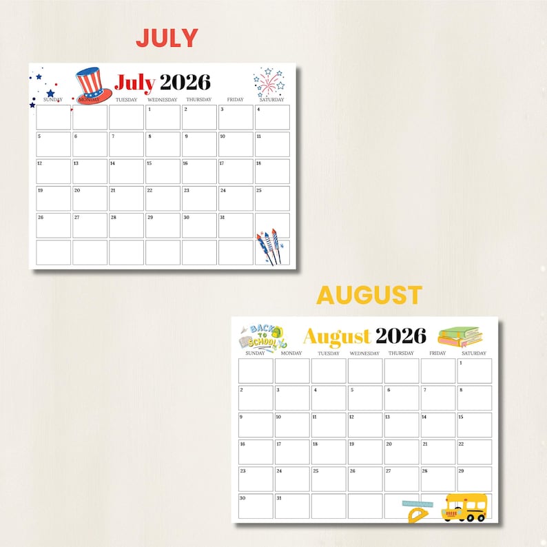 2026 Monthly Calendar Bundle | Cute Printable 2026 Planner for Kids ...