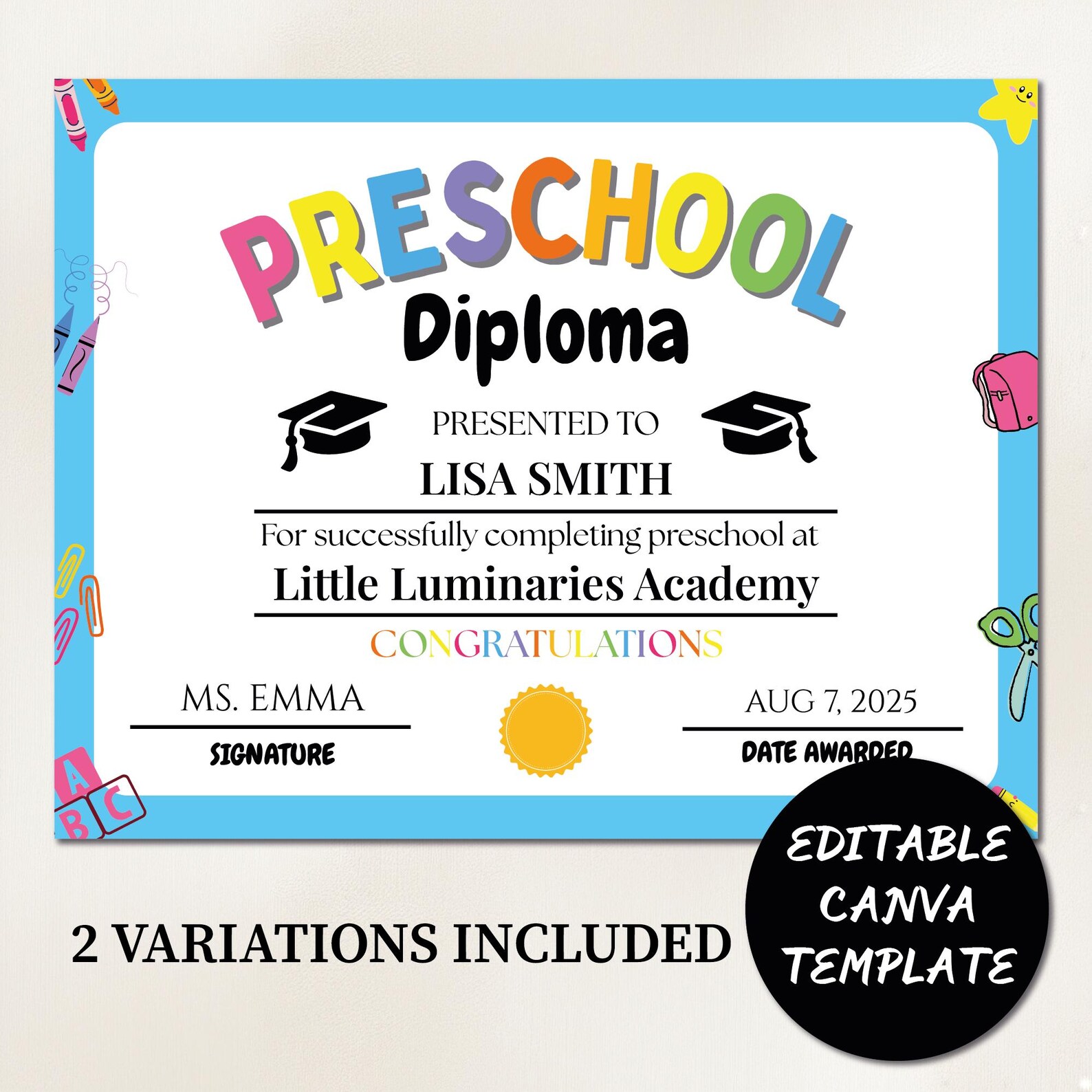 Editable Preschool Certificate, Prek Certificate, Preschool Diploma ...