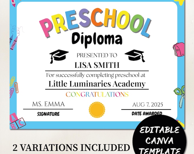 Editable Preschool Certificate, Printable Diploma, Pre-k Graduation ...