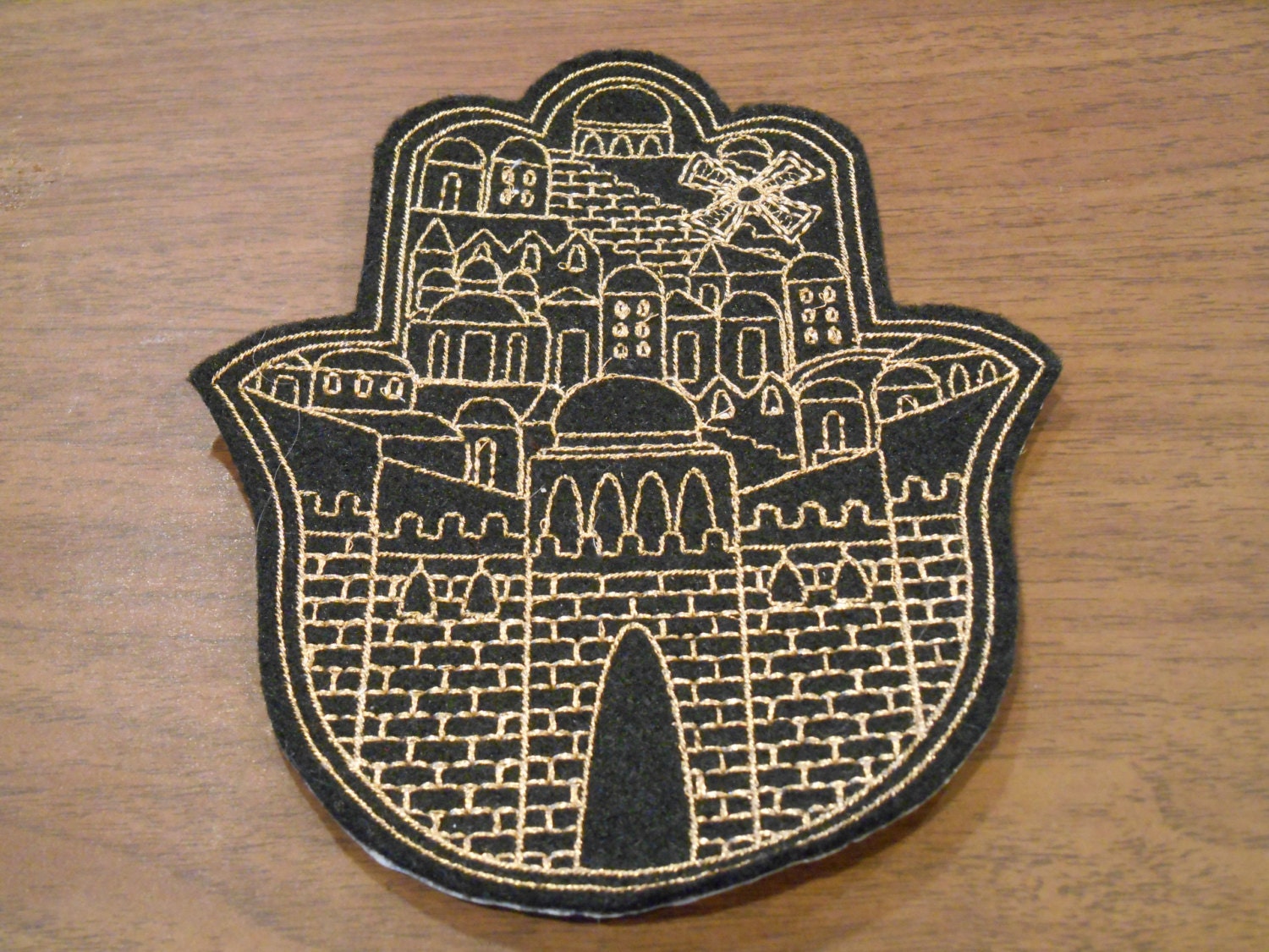 Delicate Gold Metallic Embroidery Jerusalem Scene Chamsa, Hamsa, Khamsa ...