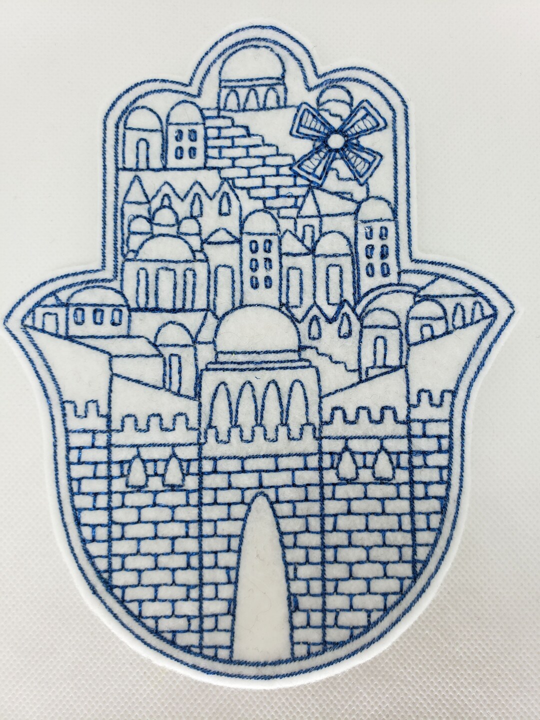 Delicate Blue Metallic Embroidery Jerusalem Scene Chamsa, Hamsa, Khamsa ...