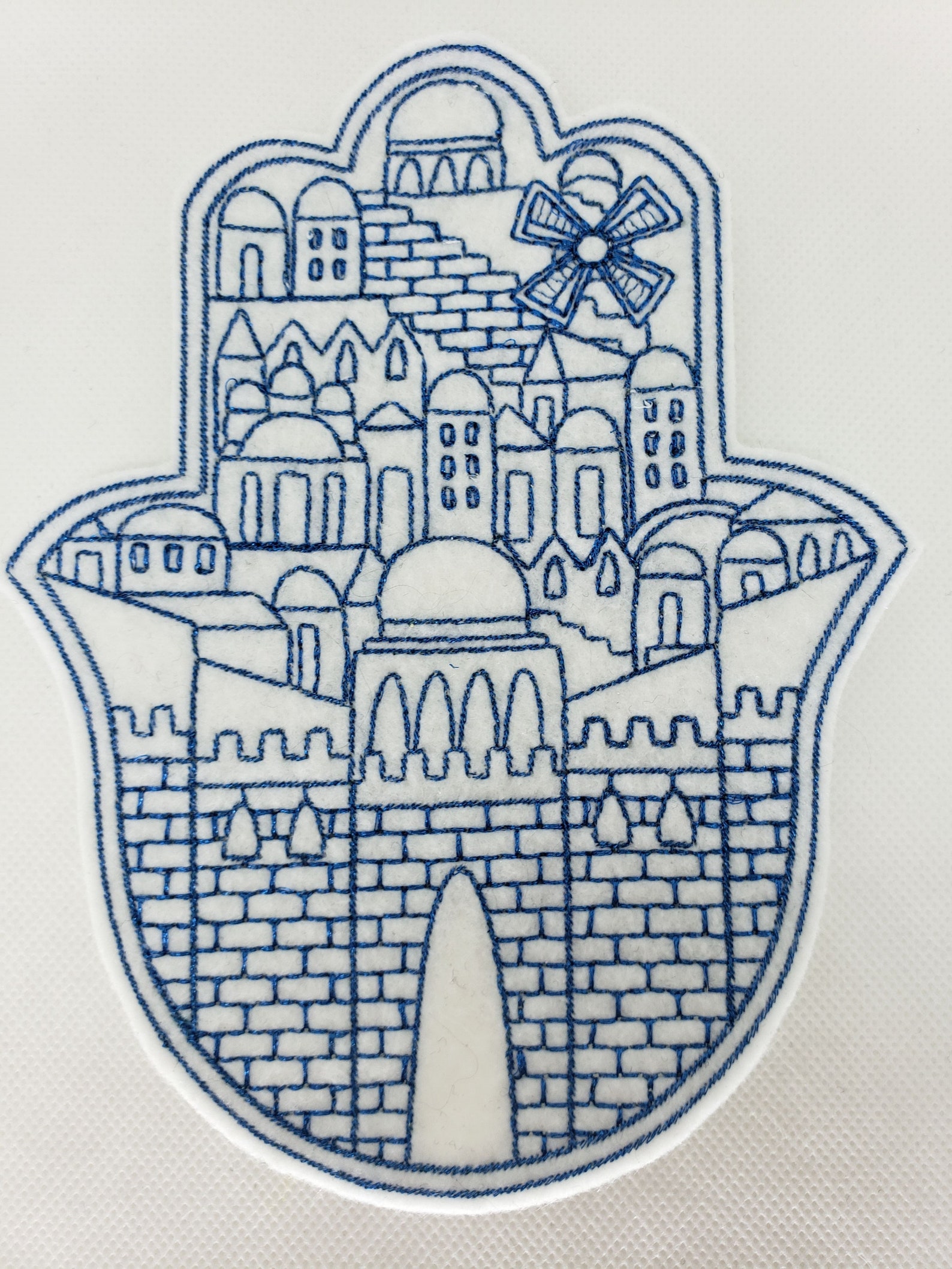 Delicate Blue Metallic Embroidery Jerusalem Scene Chamsa, Hamsa, Khamsa ...