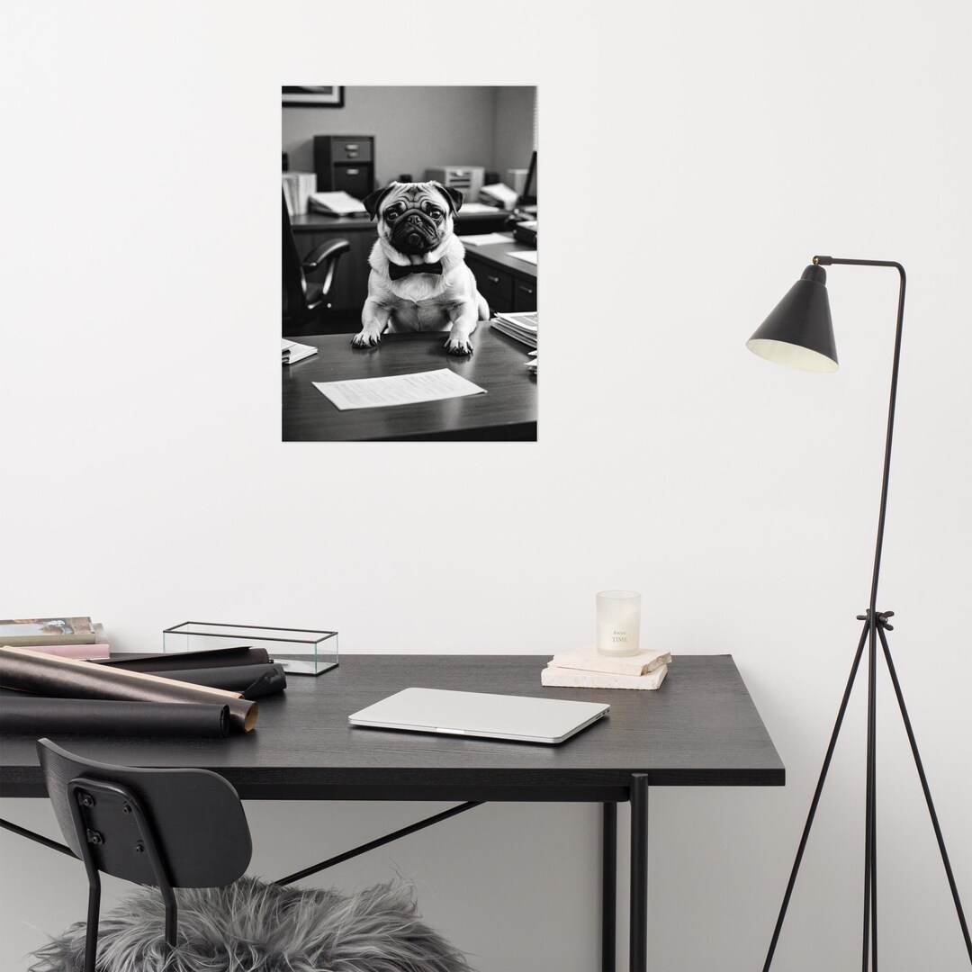 Pug Poster Funny Dog in the Office Art Print for Wall Decoration & Home ...