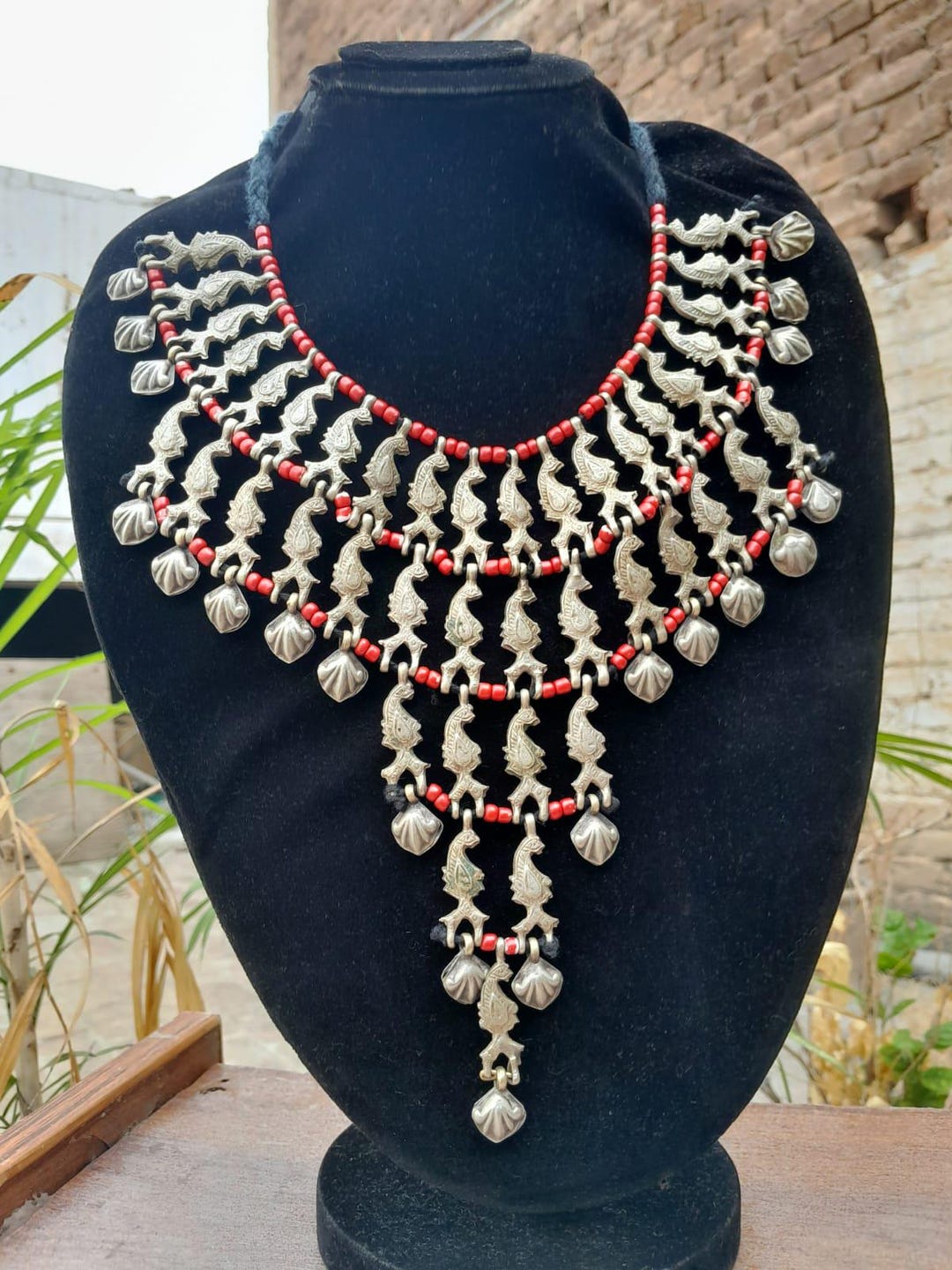 Vintage Tribal Afghan Choker | Kuchi Bird Bib Necklace With Red Beads ...