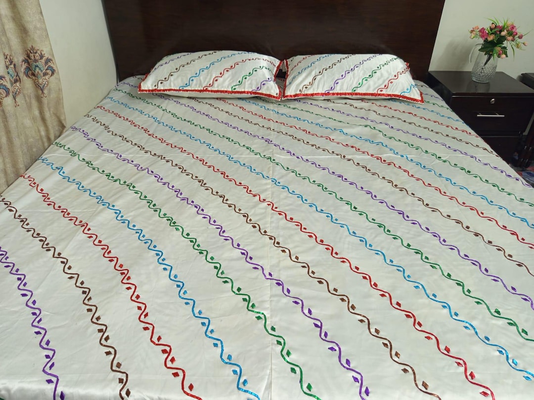 Gota Patti Embroidered Satin Bedspread: Indian Bridal Bedding - Etsy