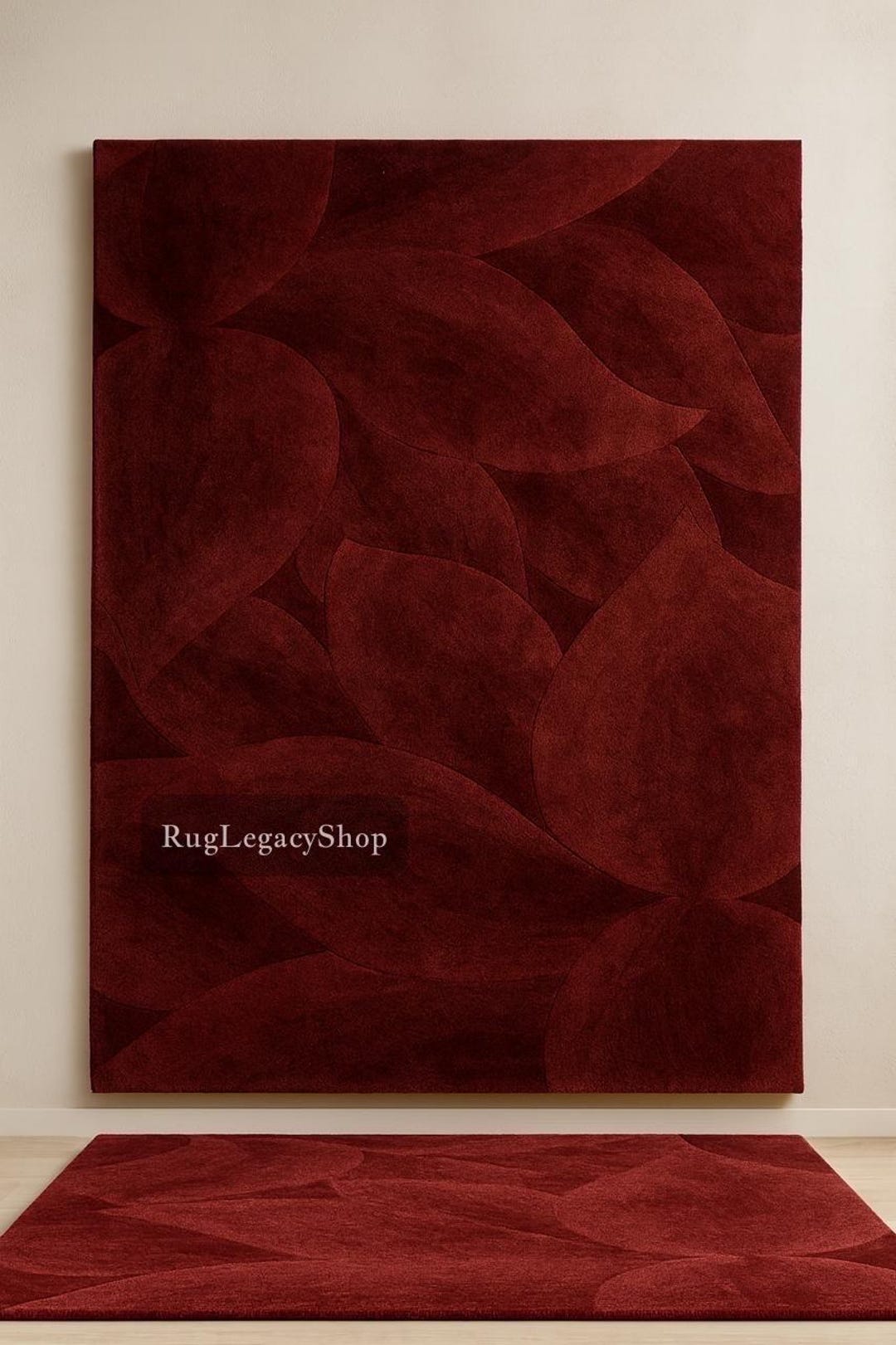 Luxury Hand-tufted Wool Rug – Deep Burgundy Leaf Design | Rich Wine Red ...
