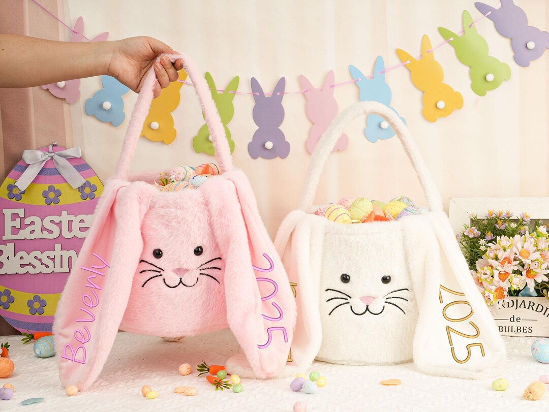 Personalized Plush Easter Bunny Basket: Embroidered Easter Egg Hunt Bag ...
