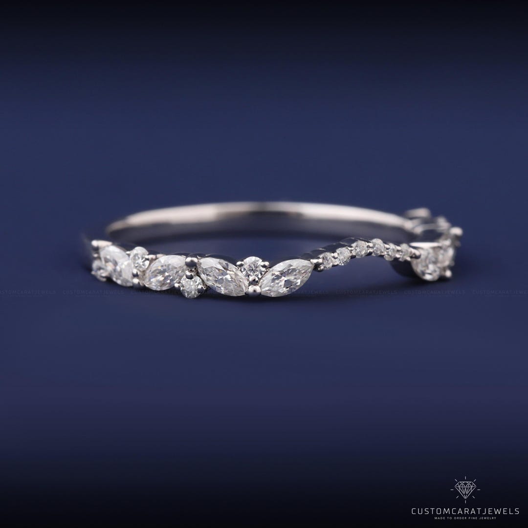 Curved Notch Marquise & Round Lab Grown Diamond Wedding Band, 14K White ...